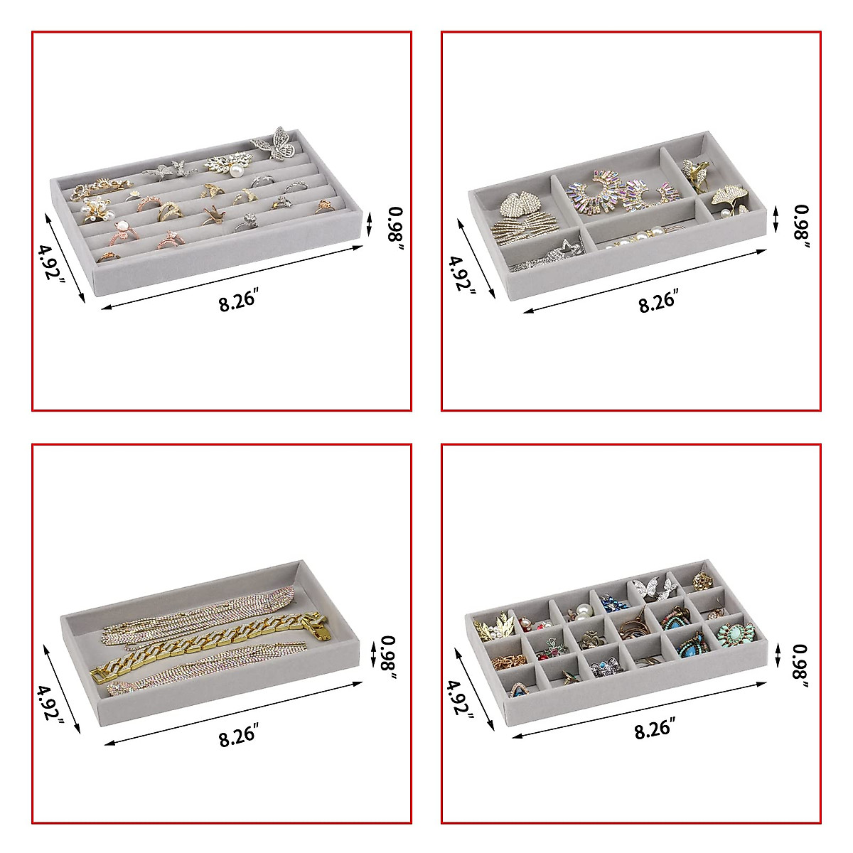 Ptaedex Stackable Velvet Jewelry Trays Organizer for Drawers, Small Jewelry Drawer Organizer Display Tray for Earring Ring Watch Bangle Bracelet Necklace, Set of 4, Gray