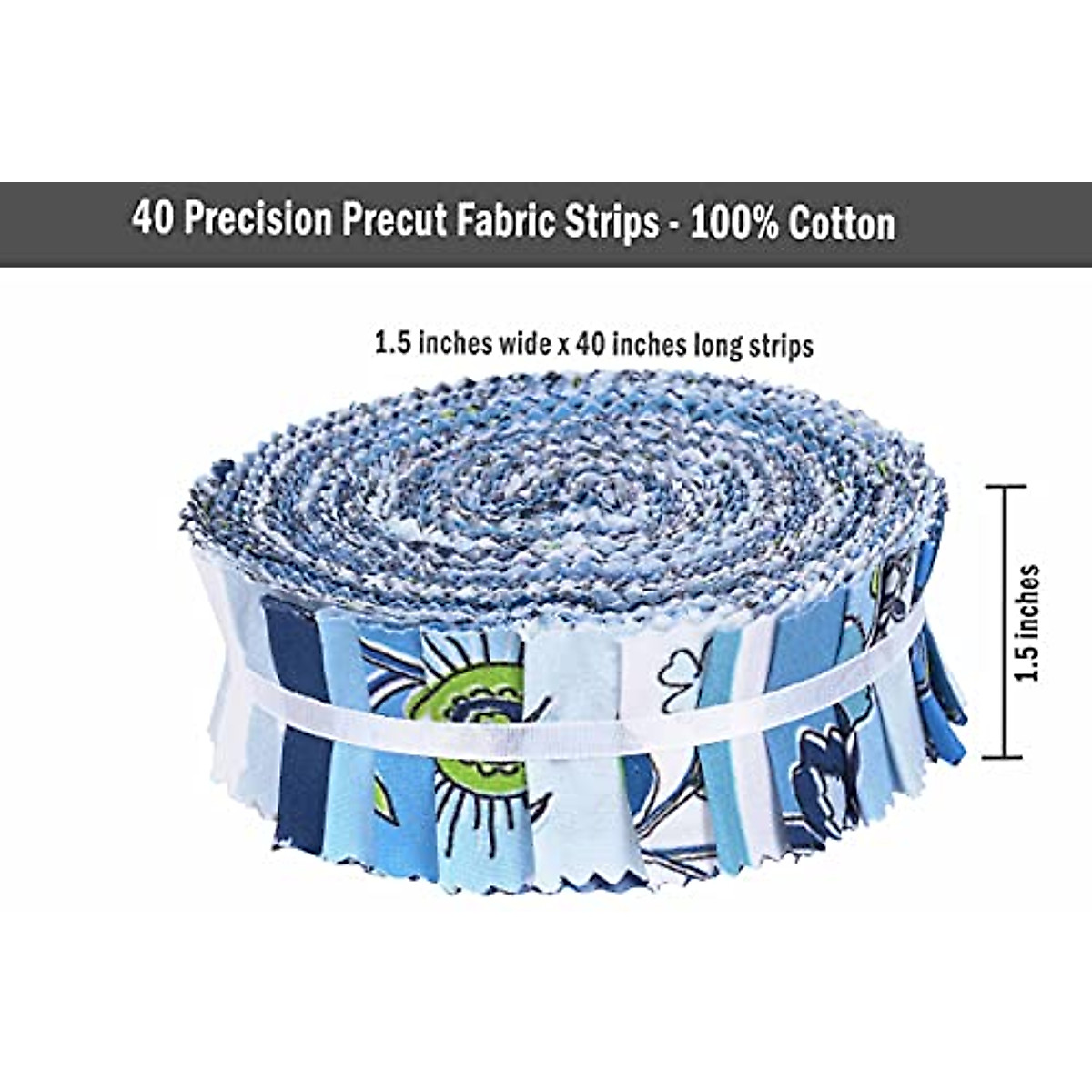 Soimoi 40Pcs Block Print Precut Fabrics Strips Roll Up 1.5x42inches Cotton Jelly Rolls for Quilting - Blue