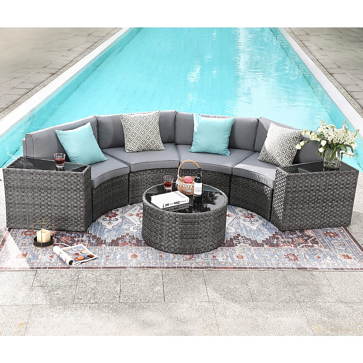 SUNSITT Outdoor Patio Furniture Sectional 7-Piece Half-Moon Curved Outdoor Sofa Set with Round Coffee Table, 4 Pillows & Waterproof Cover, Grey Rattan