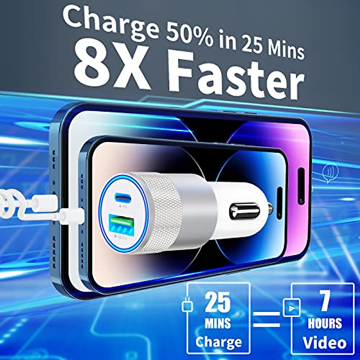[Apple MFi Certified] iPhone Fast Car Charger, Caiinei 48W Dual PD/QC3.0 USB-C Power Car Charge Adapter + 2 Pack 6FT Coiled Lightning Cable Quick Car Charging for iPhone 14 13 12 11 Pro Max/XS/XR/iPad