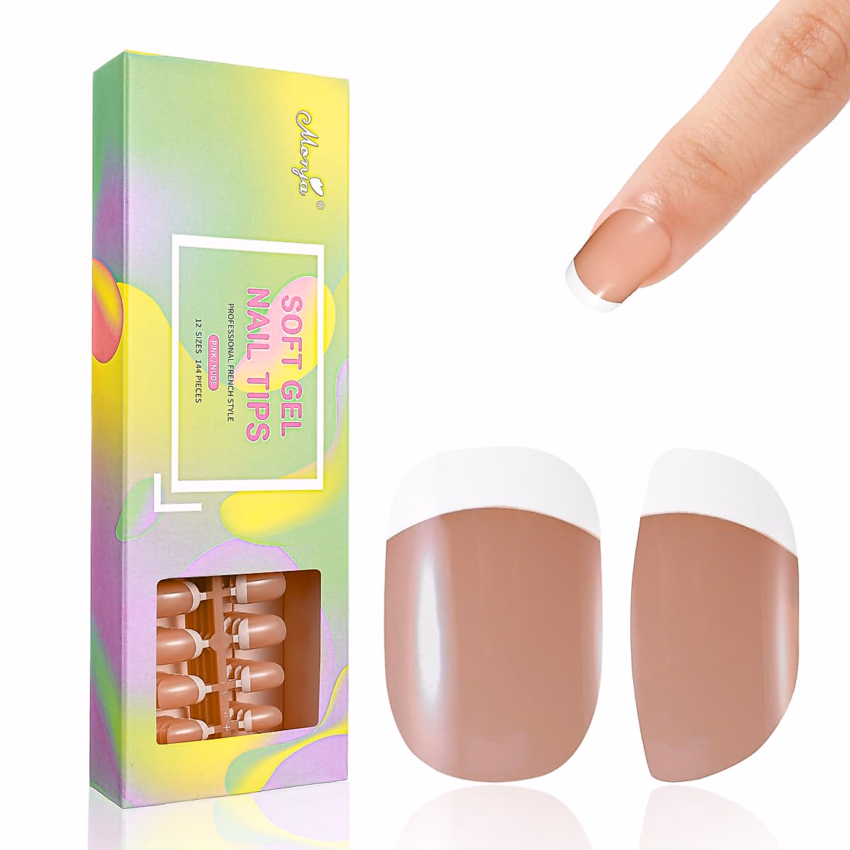 Monja Gel Press On Nails 144pcs French Tips Short Square Nail Tips Soft Gel Fake Nails 10 Sizes Strong Adhesion Nails Faster to Extension Brown White Colors
