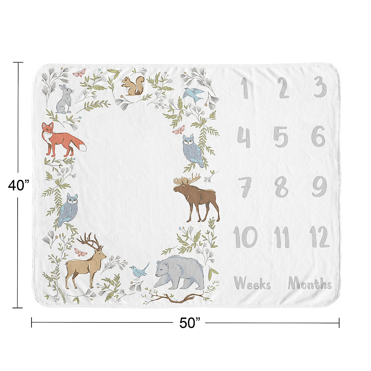 Sweet Jojo Designs Woodland Animal Toile Boy Girl Milestone Blanket Monthly Newborn First Year Growth Mat Baby Shower Memory Keepsake Gift Picture -Grey Green Brown Forest Bear Deer Fox Owl Bunny Bird