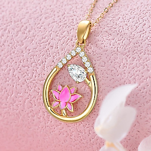 SISGEM 14k Gold Pink Lotus Flower Pendant and Chain Necklace, 16-18 Inches