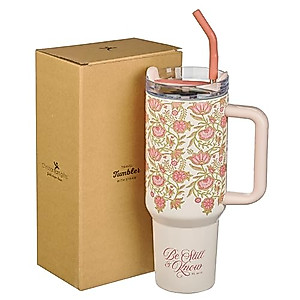 Christian Art Gifts Extra Large Stainless Steel Double Wall Vacuum Insulated Travel Tumbler for Women: Be Still Inspirational Scripture, Lid, Reusable Straw, Wide Handle, White & Pink Floral, 40 oz.