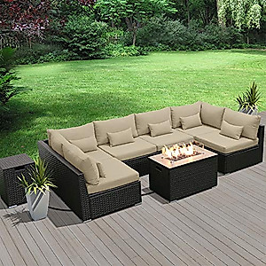 Dineli Patio Furniture Sectional Sofa with Gas Fire Pit Table Outdoor Patio Furniture Sets Propane Fire Pit (Light Beige-Rectangular Table)