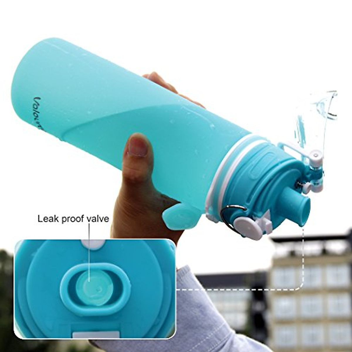 Valourgo Collapsible Water Bottle, Silicone Foldable with Leak Proof Valve BPA Free, Aqua Blue, 21 oz
