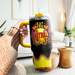 99OWL Softball Eat Sleep Repeat, Tumblers Yellow Modern Glitter Simple Red Handle Black Insulated Straws, Tumbler 40 Oz With Handle Lid And Straw, Softball Gifts