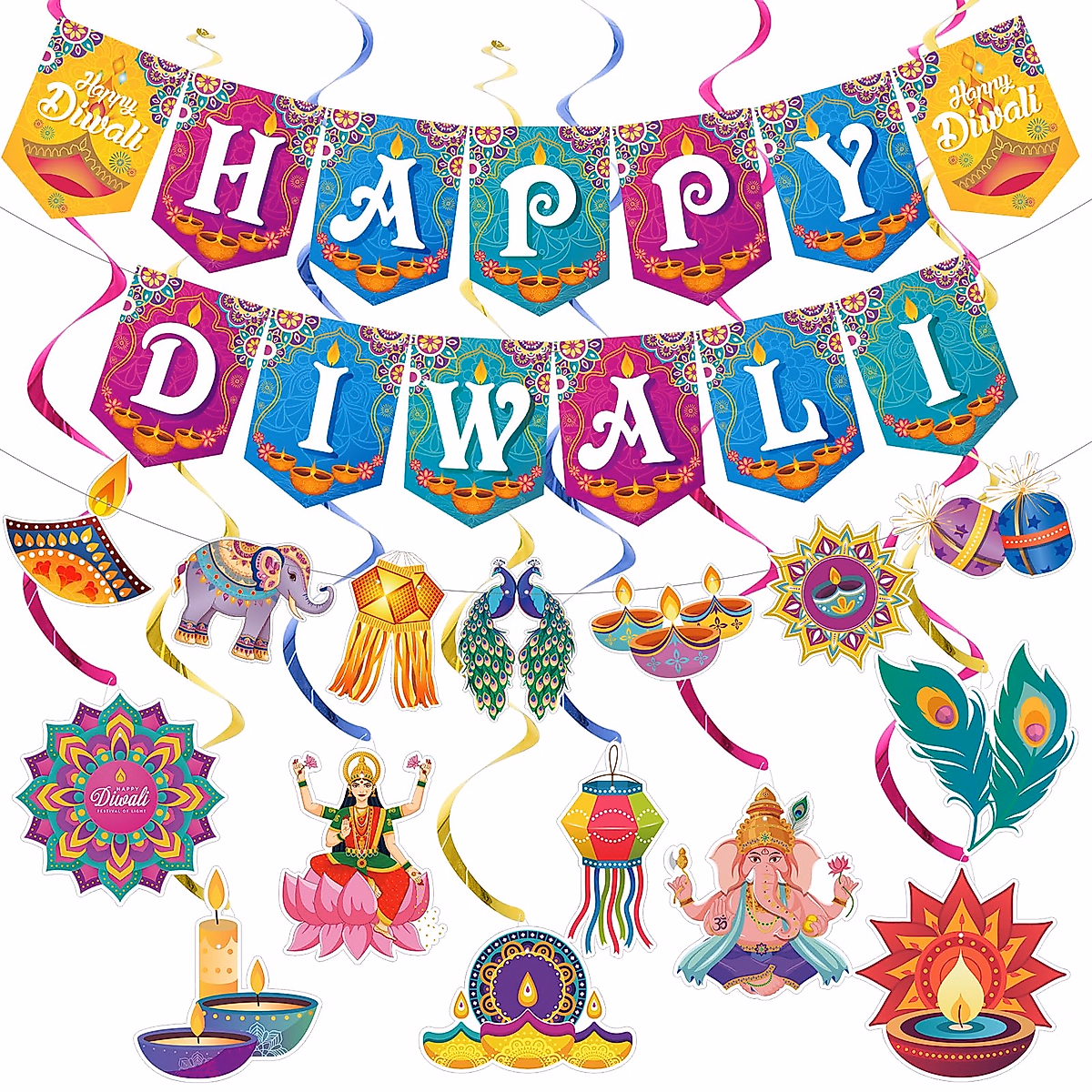 Diwali Decorations,Happy Diwali Banner with Diwali Hanging Swirls Decorations for Indian Diwali Festival Party Decoration Kit for Home.