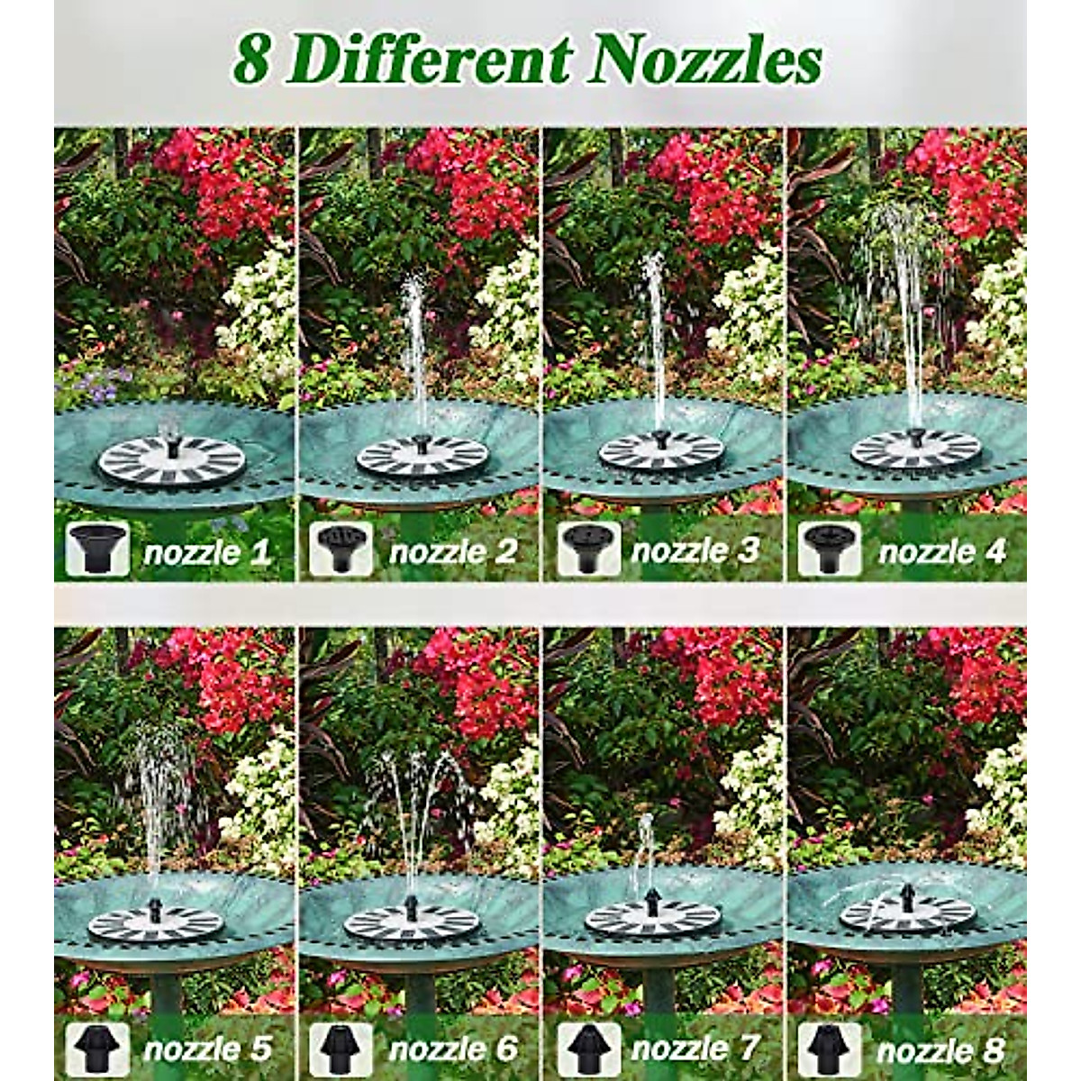 ZOLOCHEL Solar Fountain Pump Upgraded 100% Glass Covered, Outdoor Solar Powered Bird Bath Water Fountains with 8 Nozzles & 4 Fixers for Garden, Pond, Pool, Fish Tank Decoration - No Battery Needed