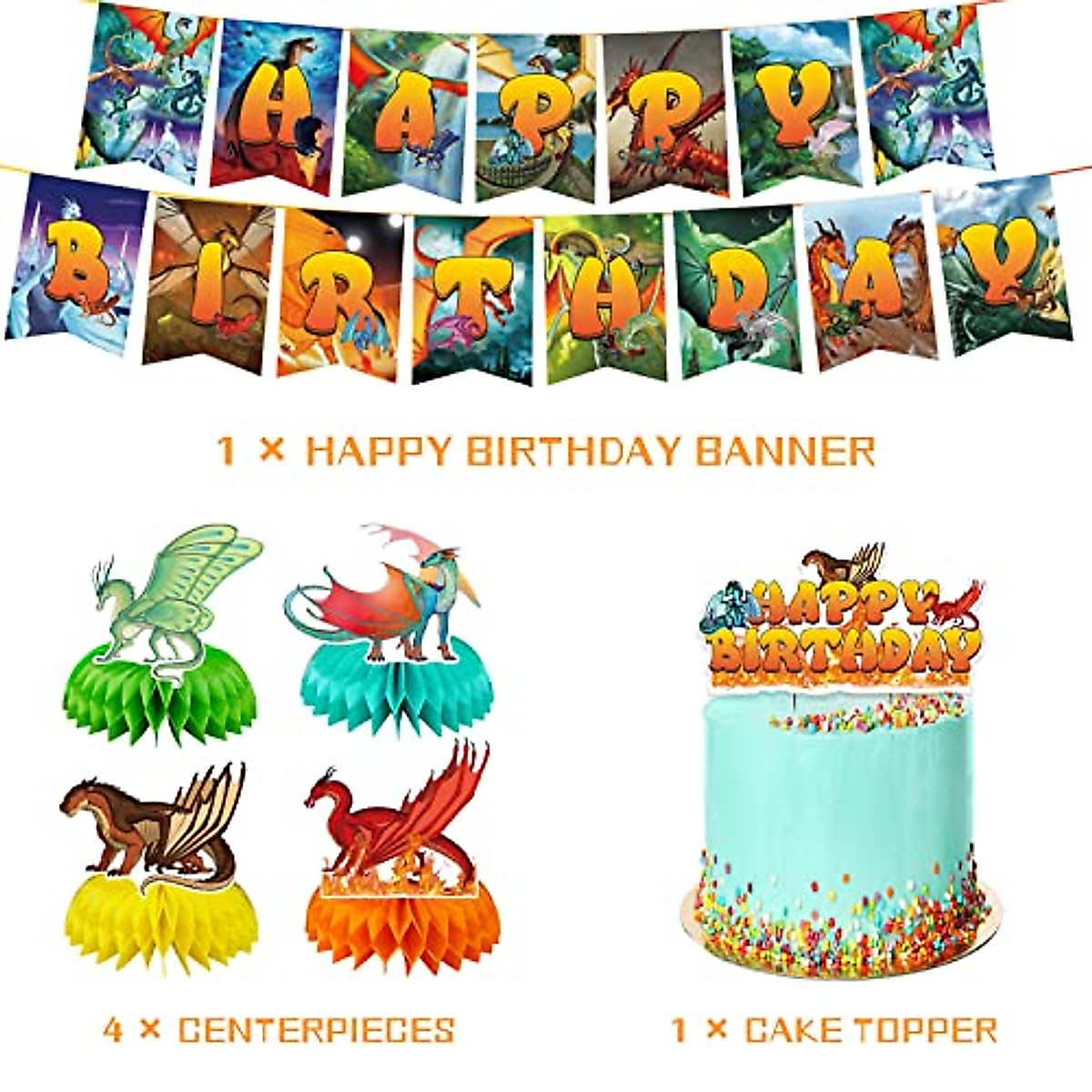 Wings of Fire Birthday Party Decoration, Include Wings of Fire Birthday Banner, Table Centerpieces, Cake Topper, Latex Balloons for Dragon Theme Kids Birthday Party Supplies Baby Shower