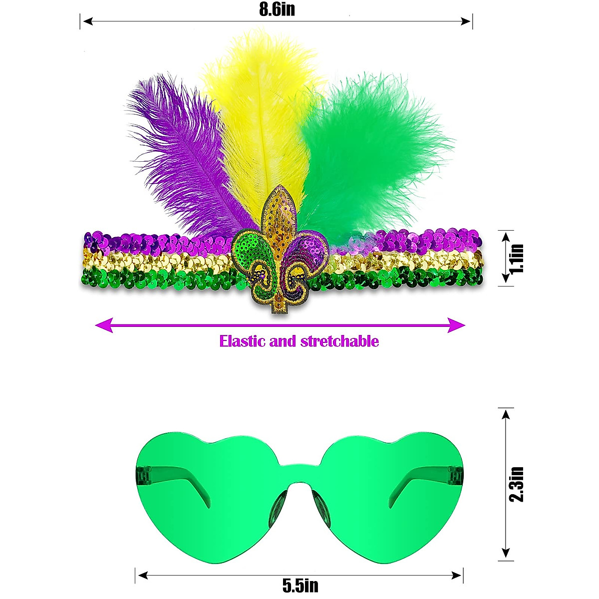 Mardi Gras Fluer Di Lis Headband Feather Sequin Fascinators and Sunglasses Purple Yellow Green Masquerade Party Feather Headwear Cocktail Wedding Supplies Halloween Party Favor