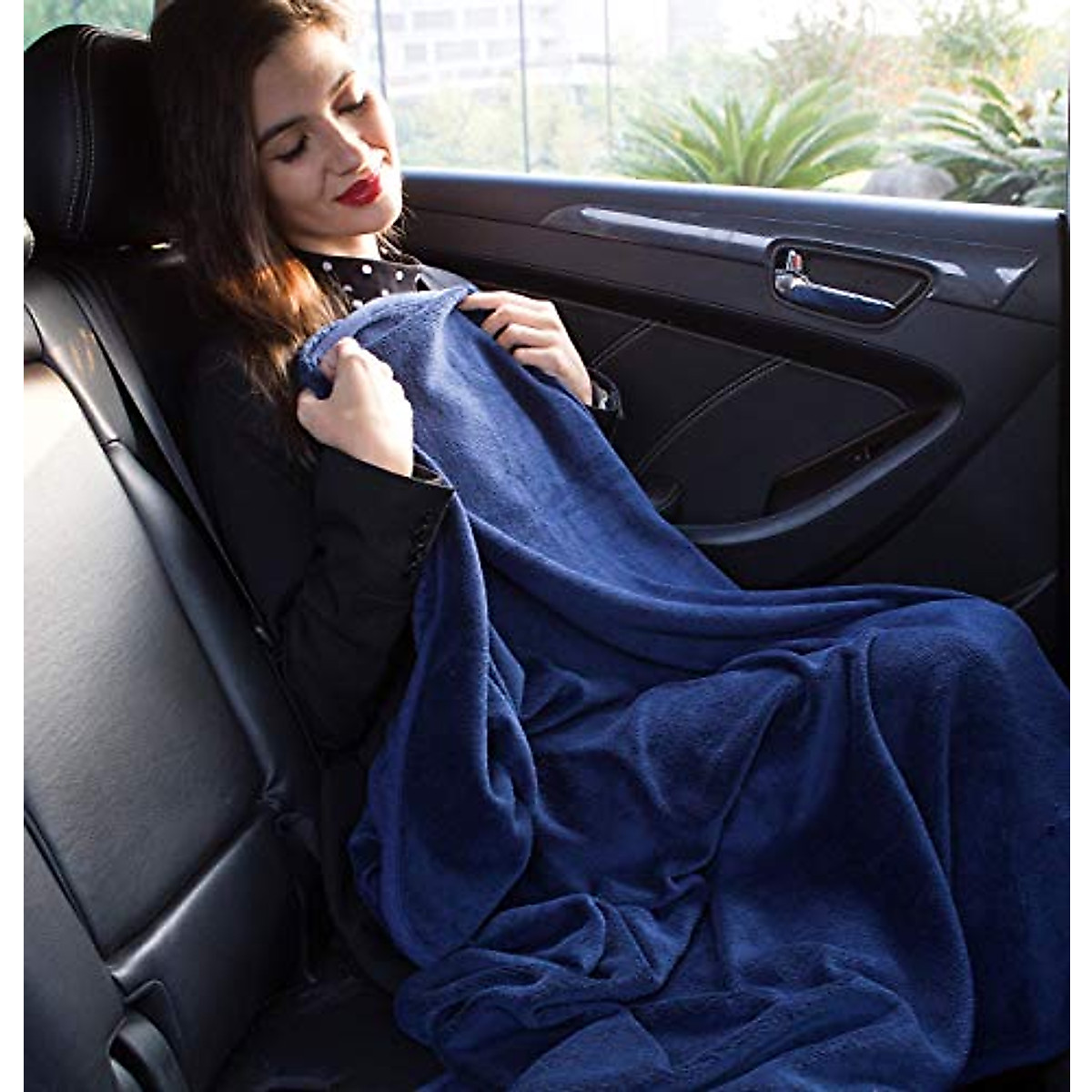 BlueHills Premium Soft Travel Blanket Pillow Value Pack Set of 2 - Airplane Flight Blanket Throw in Soft Bag with Luggage Belt Compact Pack Large Blanket for Travel Navy Blue and Purple Colors