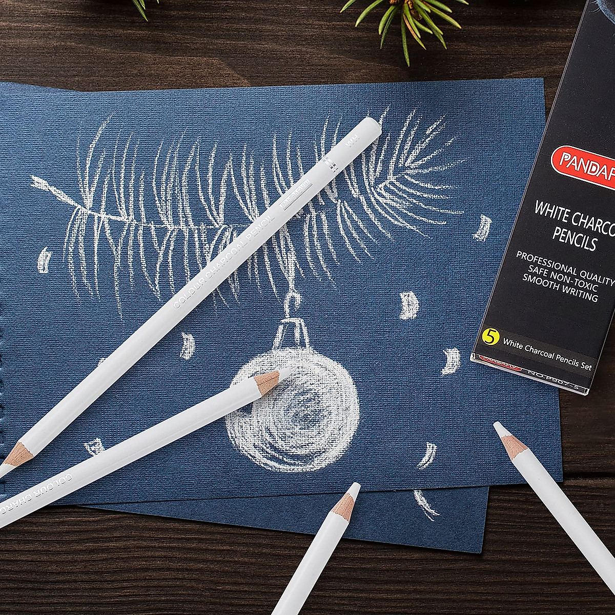 PANDAFLY White Charcoal Pencils Drawing Set, Professional 5 Pieces Sketch Highlight White Pencils for Drawing, Sketching, Shading, Blending, White Chalk Pencils for Beginners & Artists