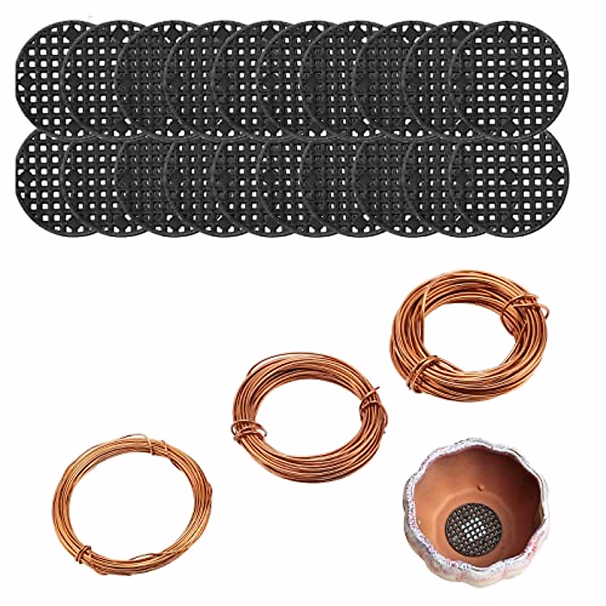20 PCS Round Bonsai Pot Bottom Grid Mat Mesh, Airlxf Flower Pot Hole Mesh Pad for Bonsai Pot Mesh Drainage Screens Prevent Soil with 3 Roll Anodized Aluminum Wire Soft for DIY Jewelry Craft Making
