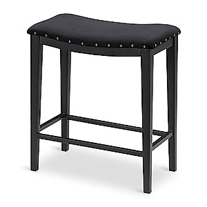 KATDANS Black Bar Stool Counter Height 24 Inches Backless Barstool for Kitchen Counter Modern Saddle Stool Velvet Nailhead Upholstered Faux Leather Stool, KS718PBK, 1Pc