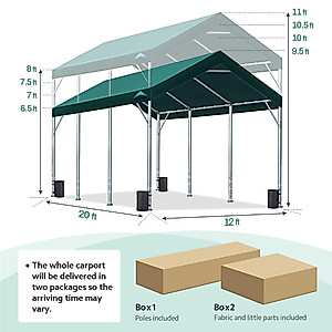ADVANCE OUTDOOR 12x20 ft Heavy Duty Carport Car Canopy Garage Boat Shelter Party Tent, Adjustable Peak Height from 9.5ft to 11ft, Green