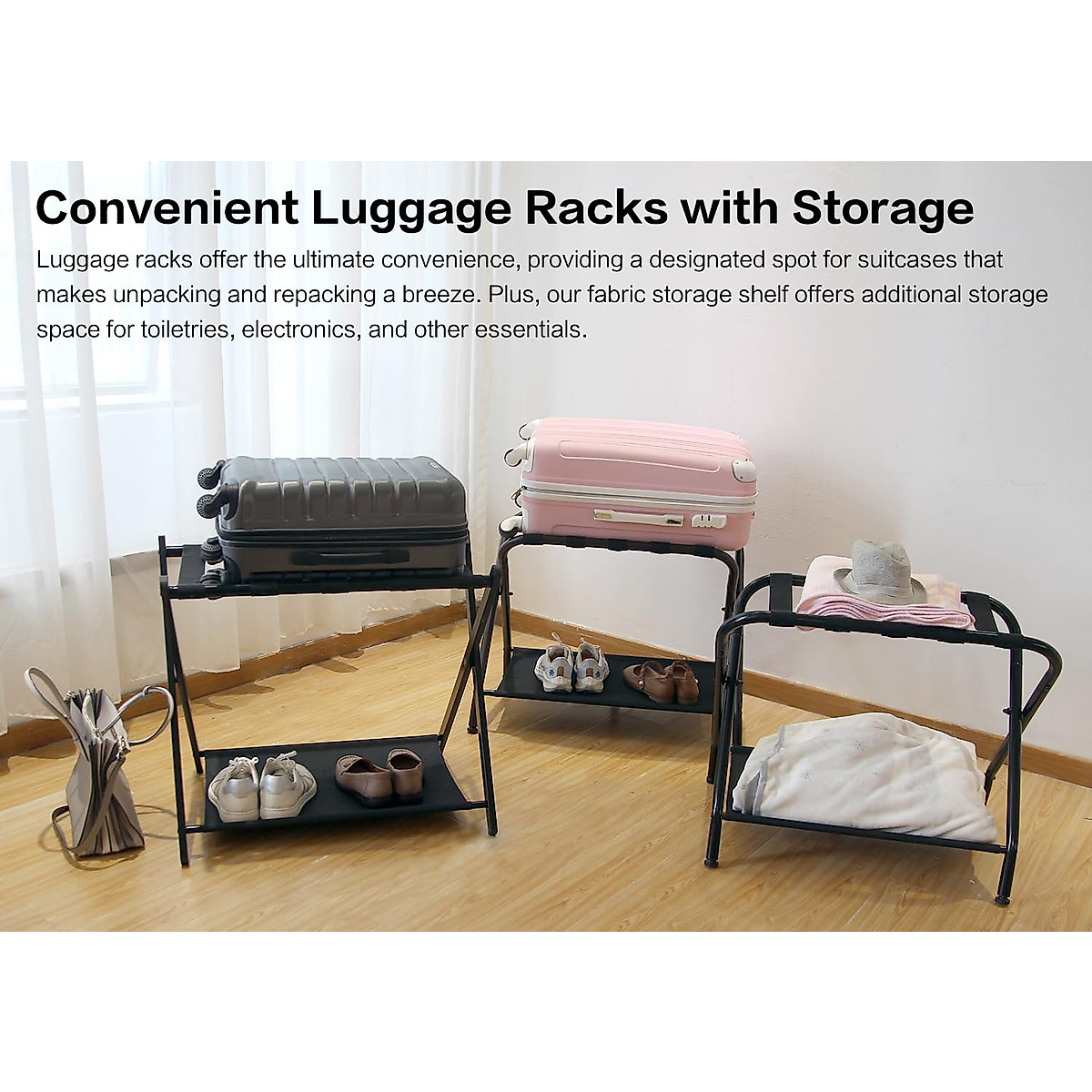 Yuihochic Luggage Rack, Pack of 2, Suitcase Stand with Fabric Storage Shelf, for Guest Room,Bedroom,Hotel, Foldable Painted Steel Frame (Black+Package Quantity 2)