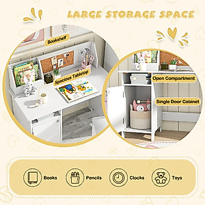 Costzon Kids Desk and Chair Set, Wooden Children Study Table with Storage, Hutch, Cork Bulletin Board, Whiteboard & Marker, Student Computer Workstation Writing Desk for Kids Bedroom, School, White