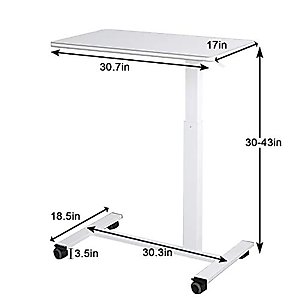 TigerDad Pneumatic Adjustable Overbed Table with Gas Spring Riser | Medical Adjustable Bed Side Table with Wheels | Portable Standing Desk for Laptop Computer with Large Work Space 30.7"x 17"