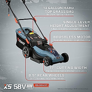 SENIX Electric Lawn Mower, 17-Inch, 58V Max* Cordless Lawn Mower with Brushless Motor, 6-Position Height Adjustment, 2.5Ah Lithium Ion Battery and Charger Included, LPPX5-M, Blue
