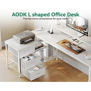 AODK 70 Inch L Shaped Computer Desk with Power Outlets & USB Charging Ports, Reversible L-Shaped Corner Desk with Drawers & Monitor Stand, Home Office Workstation with Storage Cabinet, White