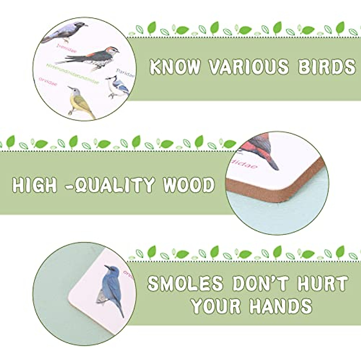 Bird Coasters, 6PCS Bird Coasters with Gift Card, Handmade Coasters for Drinks, Square Wooden Coaster Set for Bird Lovers Friends Home Kitchen Decor Bar Housewarming Gift (Birds)