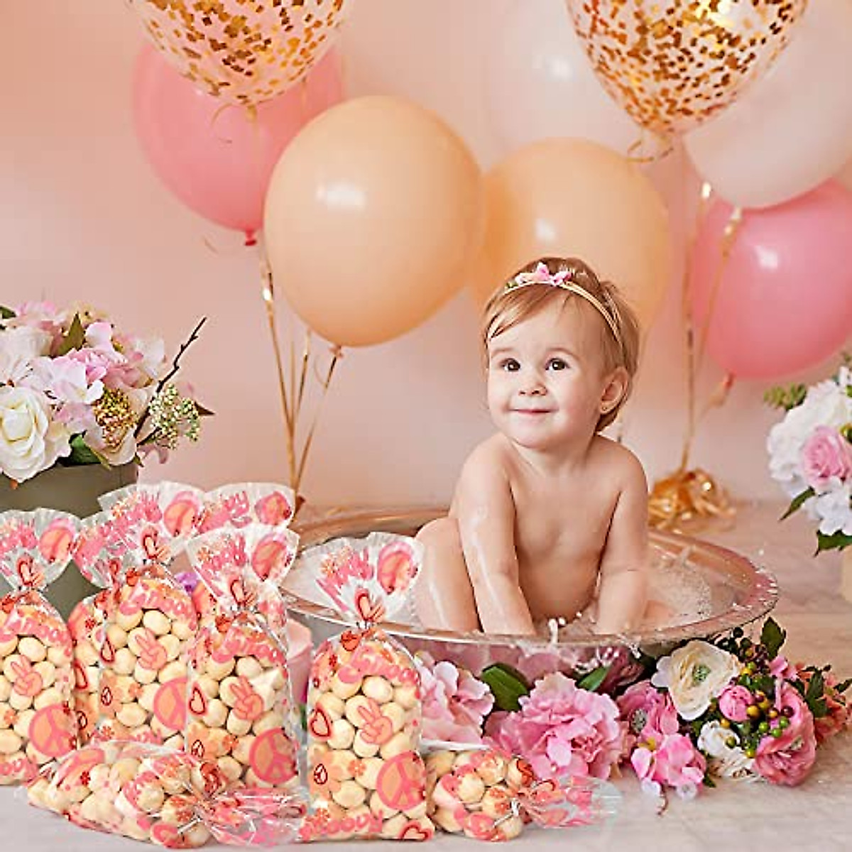 Pajean 100 Pcs Groovy Retro Hippie Boho Party Favors Bags Two Plastic Goody Treat 60's 70's Cellophane for Daisy Flower Birthday Baby Shower Wedding, Silver