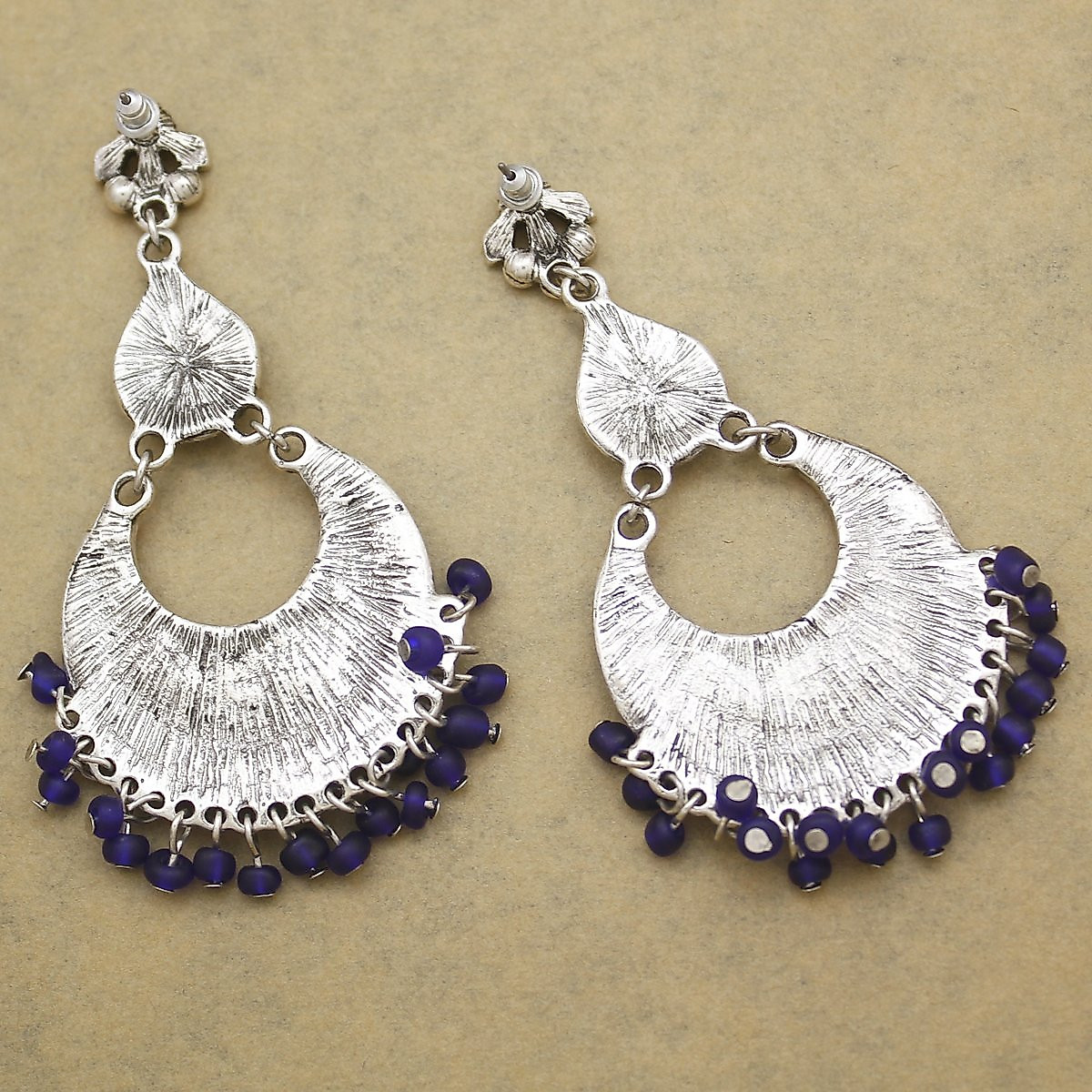 RechicGu Retro Silver Women Indian Earrings Tribal Vintage Crescent Blue Stone Jhumki Jhumka Banjara Kuchi Belly Dance Gypsy Oxidized Earrings