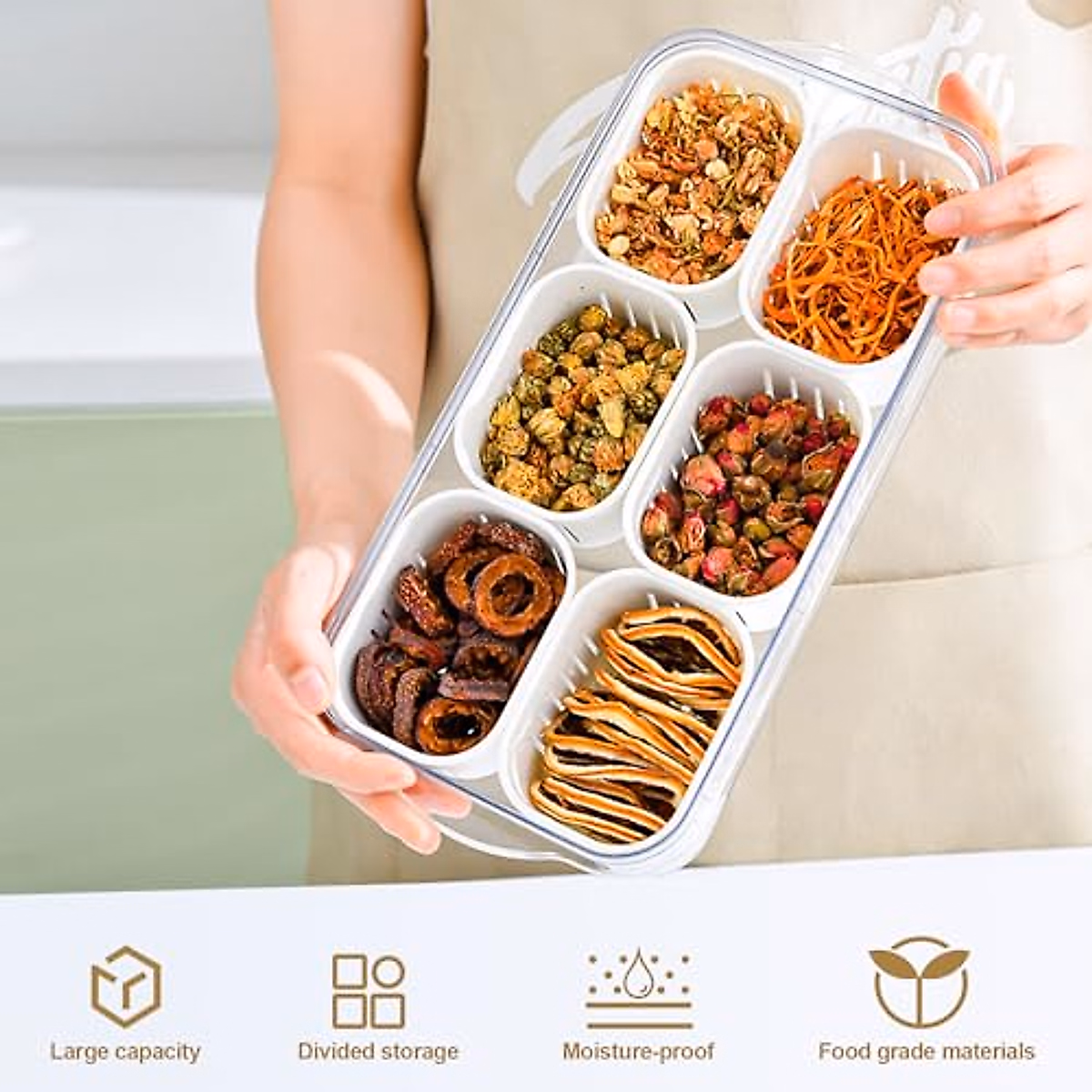 Dualshine Divided Serving Tray with Lid, Fruit Storage Containers for Fridge, Snack Box, Portable Food Storage Containers with 6 Compartments Keep Fruits, Snacks, Vegetables and Spices Fresh Longer