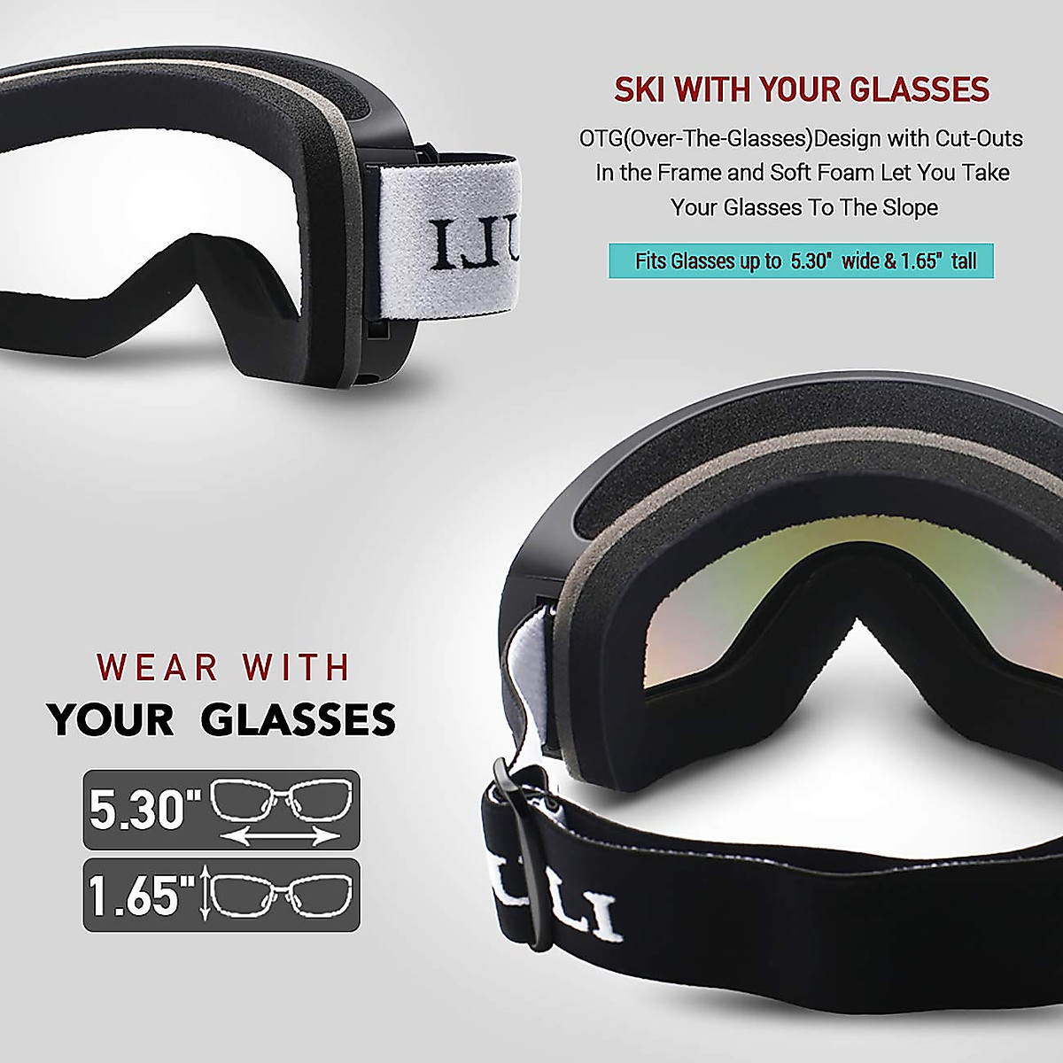 JULI Ski Goggles, Skiing Skating Snowboarding Goggles with Anti-Fog UV Protection M3(Black Frame/82% VLT Clear Len)