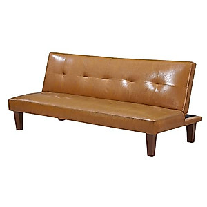 Audrey Living Futon Sofa Bed, Upholstered Modern Convertible Sleeper Sofa Couch Faux Leather for Small Living Room, Apartment, Dorm, Square Legs, 69”W (Tan)