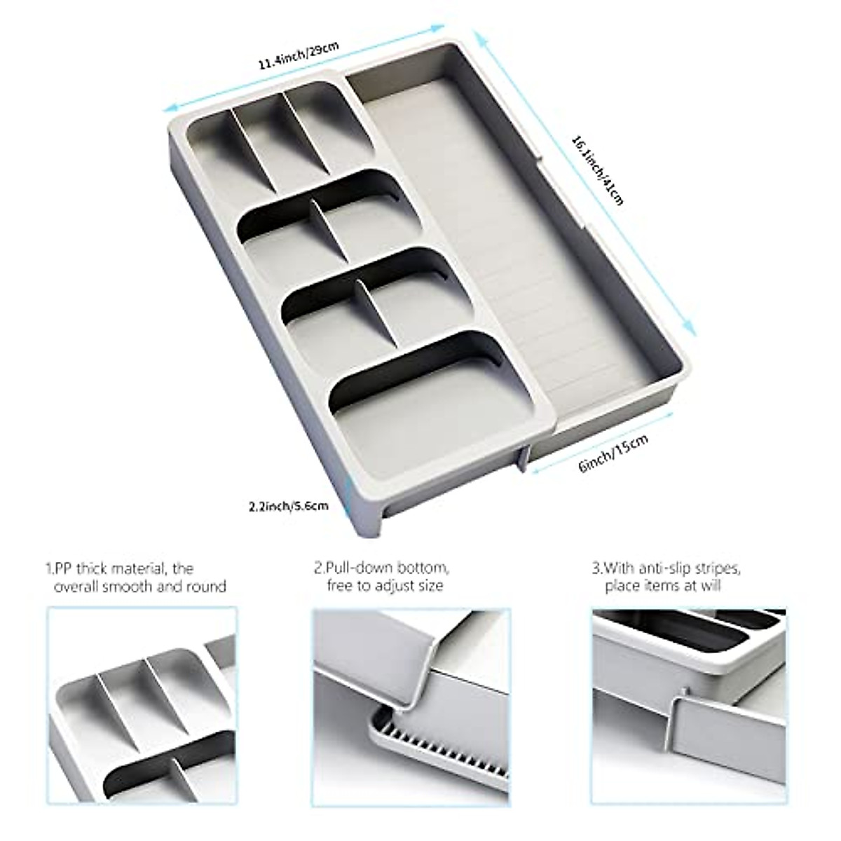 KAKUNM Flatware Drawer Organizer Expandable Adjustable Utensils Silverware Tray for Drawer, Spoon Knife and Fork Partition Storage,Large, Gray