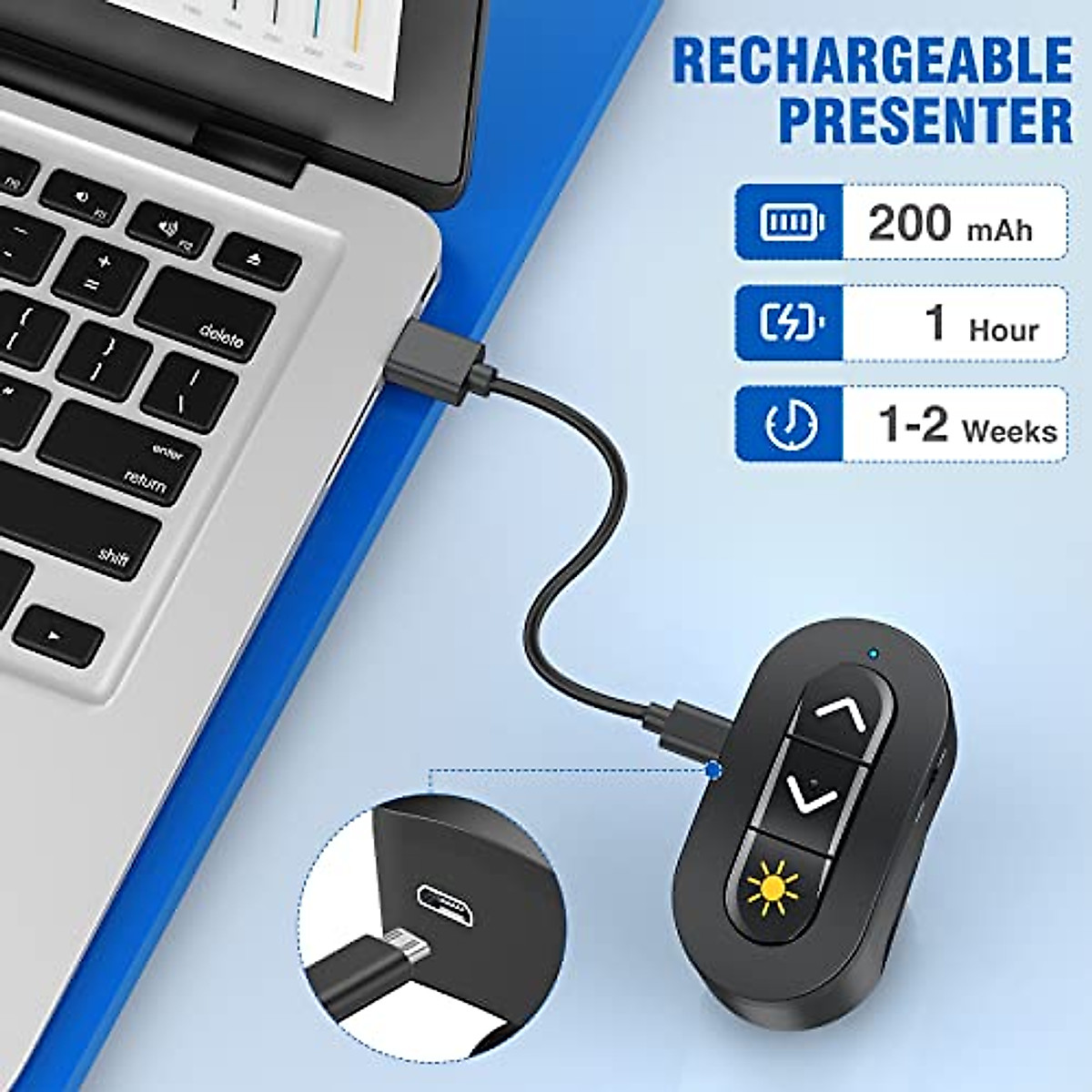 KICKDOT Presentation Clicker Remote with Red Laser Pointer, Finger Ring Powerpoint Clicker Rechargeable, RF 2.4GHz Wireless Presenter Slideshow Clicker for Powerpoint/Presentation/Google Slides/Mac/PC