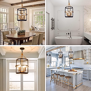 Modern Chandelier,4-Light Lantern Pendant Light,Matte Black and Brass Finish, Light Fixtures Ceiling Hanging,Chandelier Light Fixture for DiningRoom,Kitchen,Foyer,Entryway