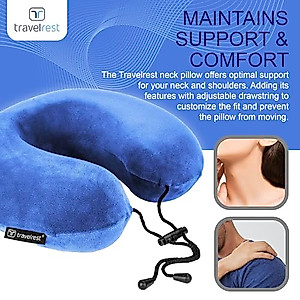 TRAVELREST - Travel & Neck Pillow, Therapeutic Memory Foam, Washable Micro-Fiber Cover, Soft and Comfortable - Head Support for Long Flights, Compact and Ergonommic Design, Attaches to Luggage - Blue