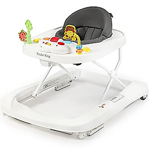 Kinder King 3 in 1 Folding Baby Walker, Activity Walker for Boys Girls, Learning-Seated, Toddler Walk-Behind w/Music Toys, Adjustable Height & Speed, Safety Bumper, Infant Walker Anti-Rollover, Grey