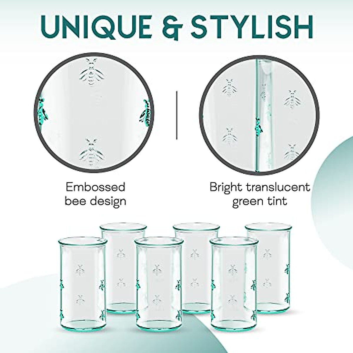 Amici Home Regina Hiball Glass | 18 Oz | Italian Made, Recycled Green Glass | Drinking Glass with Embossed Bee Design for Water, Juice, Iced Tea, Cocktails (Set of 6)