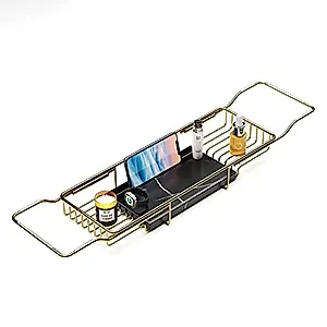 BAWOUA Bathtub Caddy Tray for Luxury Baths, Over Bathtub Racks with Marble(Black), Strong Expandable Chrome Polished Stainless Steel Brackets for Bath (Gold)