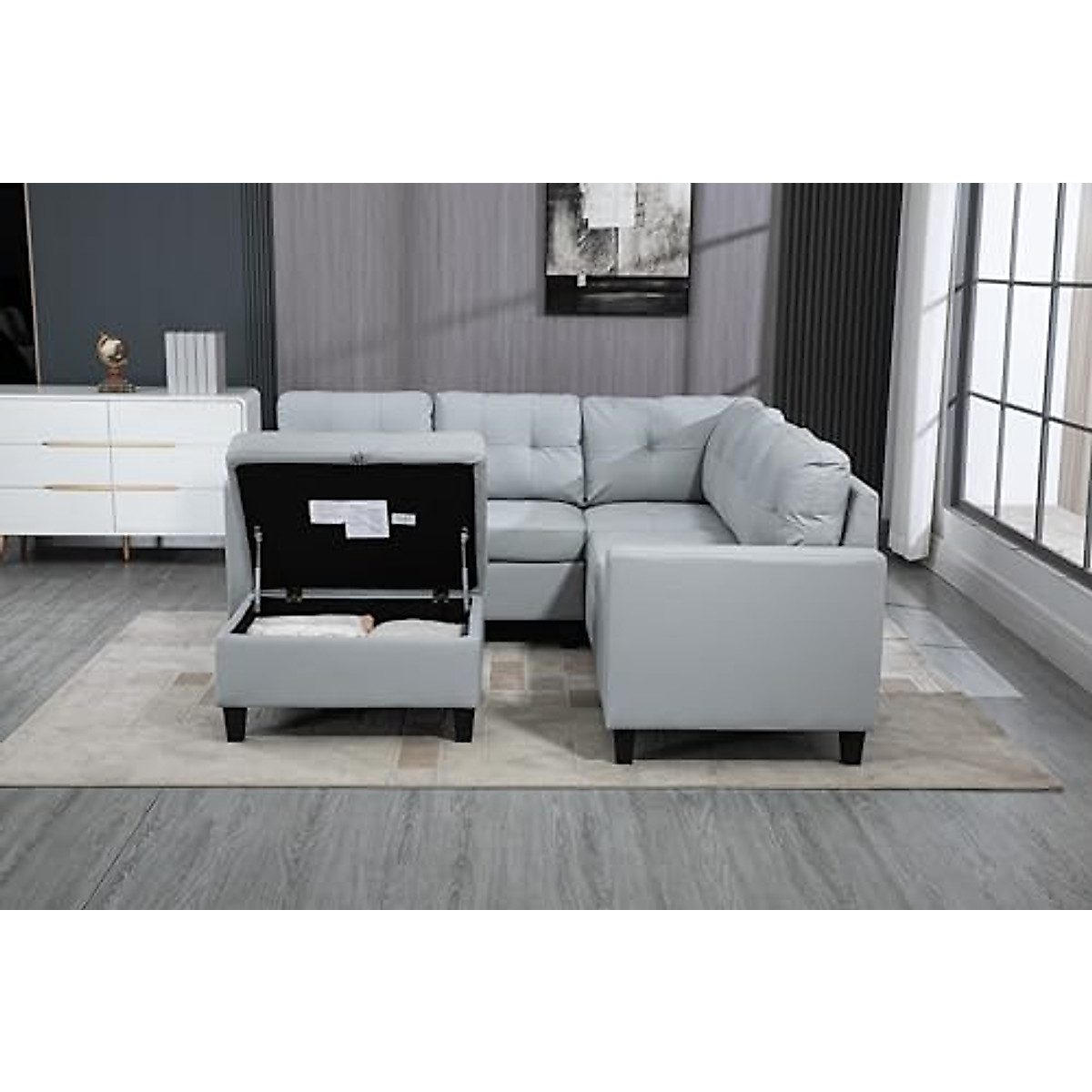 ERYE L-Shaped 5 Seaters Free Combined Couch for Home Apartment Office Living Room Set, Modular Corner Sectional Sofa with Cushions and Storage Ottoman,Easy to Assemble & Save Space, Gray PU