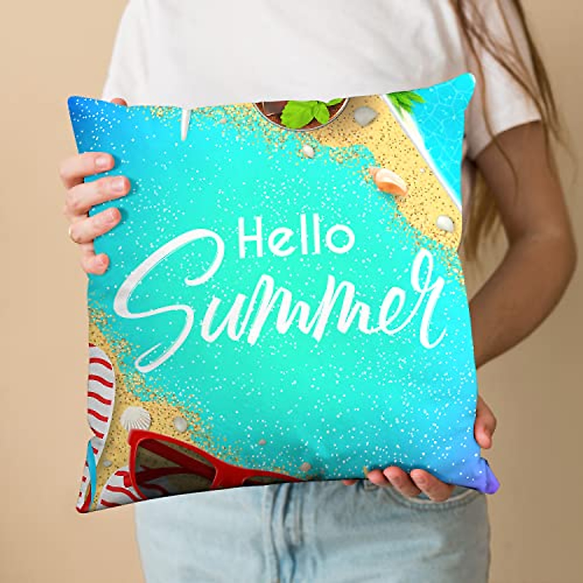 Outdoor Summer Pillow Covers 18x18 inch Set of 2 Teal Hello Sunshine Decorative Throw Pillow Covers Pillowcase Summer Decorations for Patio Garden Porch (18"x18", Hello Summer)