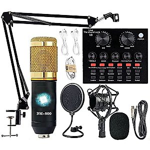 Podcast Equipment Bundle, BM-800 Recording Studio Package with Voice Changer, Live Sound Card - Audio Interface for Laptop Computer Vlog Living Broadcast Live Streaming YouTube TikTok (AM100-V8)