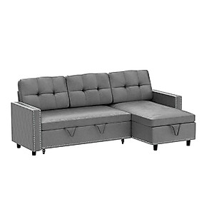 Mjkone 3 Seat L-Shape Sectional Sofa Couch with Pull Out Bed and Reversible Storage Chaise, Modern 83 Inch Sleeper Sofa with Breathable Velvet Fabric and Nailhead Trim for Living Room, Dark Gray