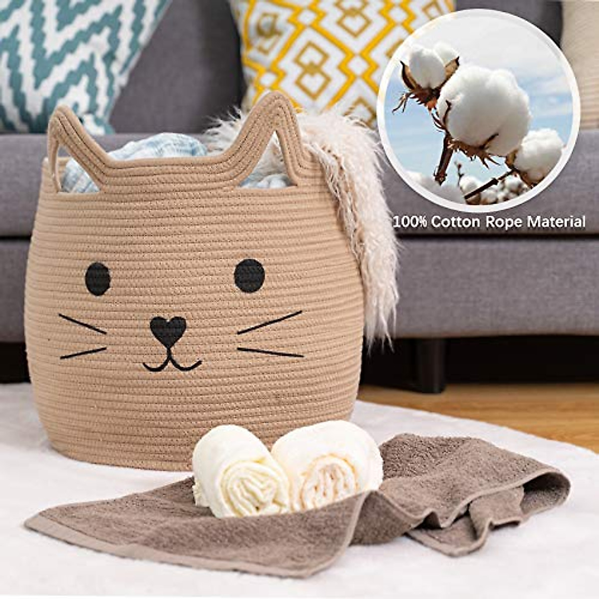 VK Living Animal Baskets Large Woven Cotton Rope Storage Basket with Cute Cat Design Animal Laundry Basket Organizer for Towels, Blanket, Toys, Clothes, Gifts – Pet or Baby Gift Baskets 15‘’ L x 14H
