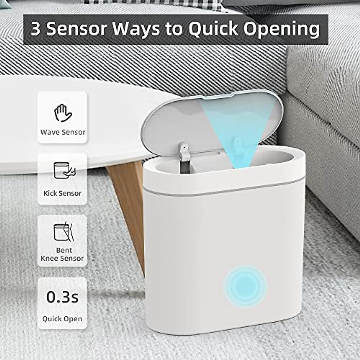 Ventifan Bathroom Trash Can with Lid,3 Gallon Waterproof Automatic Motion Sensor Garbage Can,Slim Narrow Bedroom Bathroom Garbage Bin