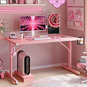 Bestier Small Gaming Desk with Monitor Stand, 42 inch LED Computer Desk, Gamer Workstation with Cup Holder & Headset Hooks, Modern Simple Style Desk for Home Office, Carbon Fiber Pink