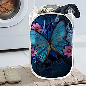 NDISTIN Trendy Blue Butterfly Pop-Up Laundry Hamper with Side Pocket Durable Mesh Fabric Laundry Bag for Hamper Collapsible Clothes Hamper for Bedroom, Kids Room, College Dormitory and Travel L