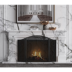 Fire Beauty Fireplace Screen 3 Panel Wrought Iron Metal 48"(L) x30(H) Spark Guard Cover(Sanded Black)