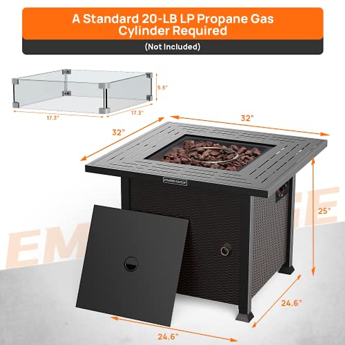 EMBRANGE 32In Propane Fire Pit Table,50,000BTU Auto-Ignition Gas Fire Pit Table with Glass Wind Guard, CSA Certification,Outdoor Fire Pit for Deck/Patio/Porch/Poolside, Black