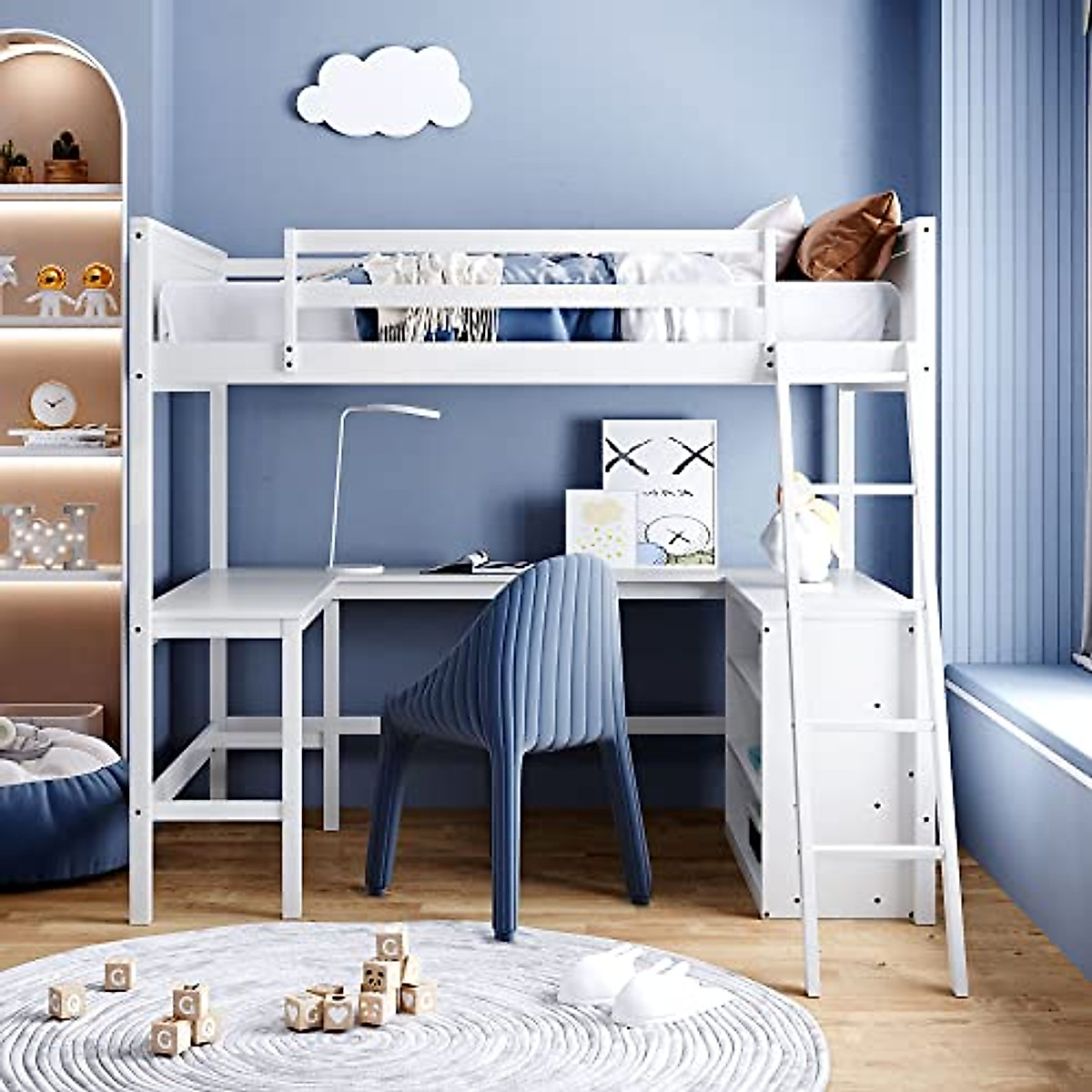 GYYBED Full Size Wooden Loft Bed with 3 Storage Shelves and Built-in L-Shape Desk for Kids Teens Adults Full Size loft Bed with Desk Full Size loft Bed loft Bed with Desk(White + Wood)