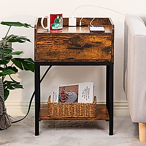 Lerliuo Nightstand with Charging Station and USB Ports, 3-Tier End Side Table with Storage Drawer and Shelf, Modern Bedside Night Stand for Bedroom, Living Room- Retro Brown
